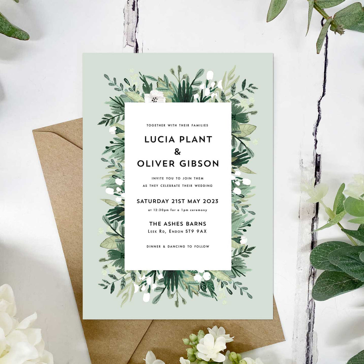 Sage Green & White Foliage Wedding Invitation – Emmy Designs