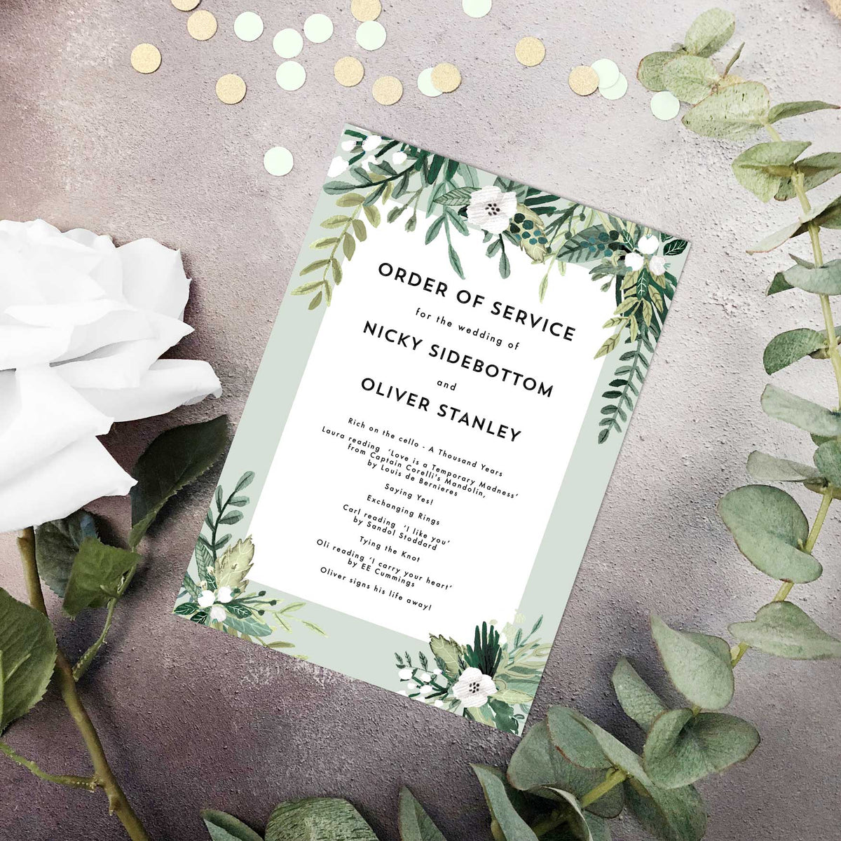 Sage Green & White Foliage Order of Service – Emmy Designs