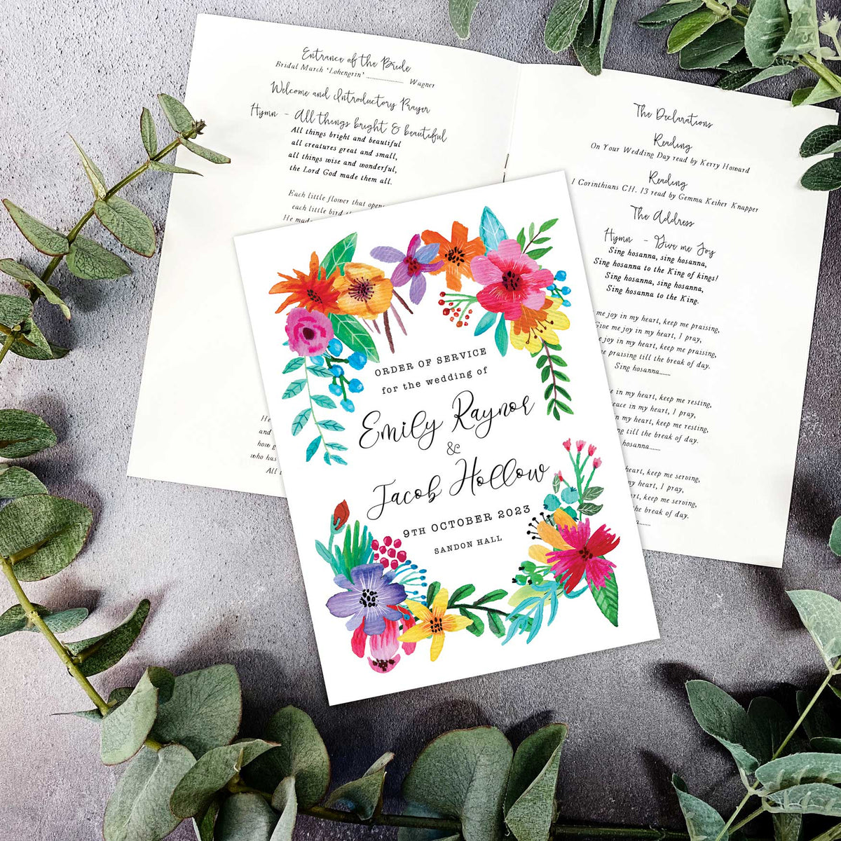 Colourful Flowers Order of Service – Emmy Designs