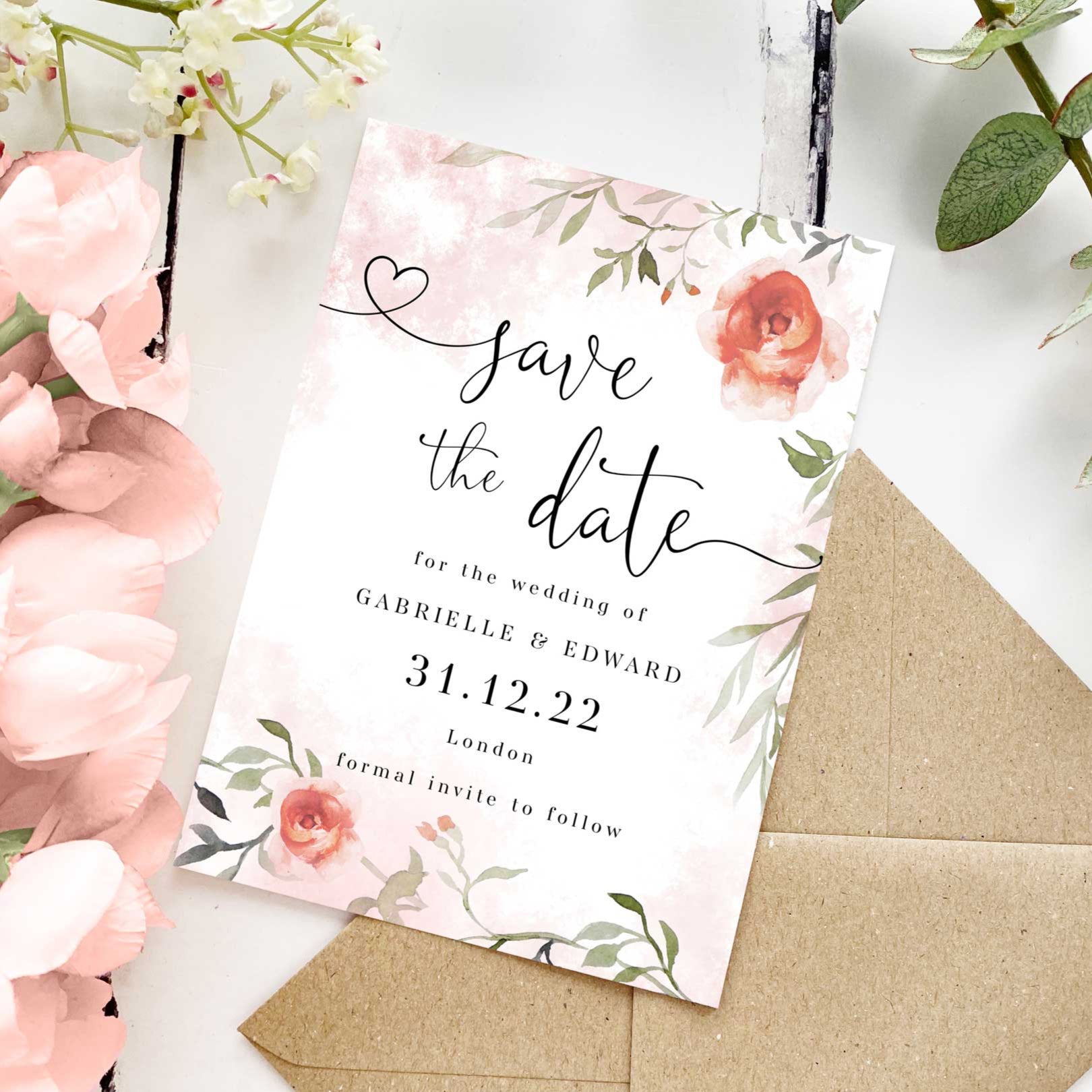 blush pink save the dates